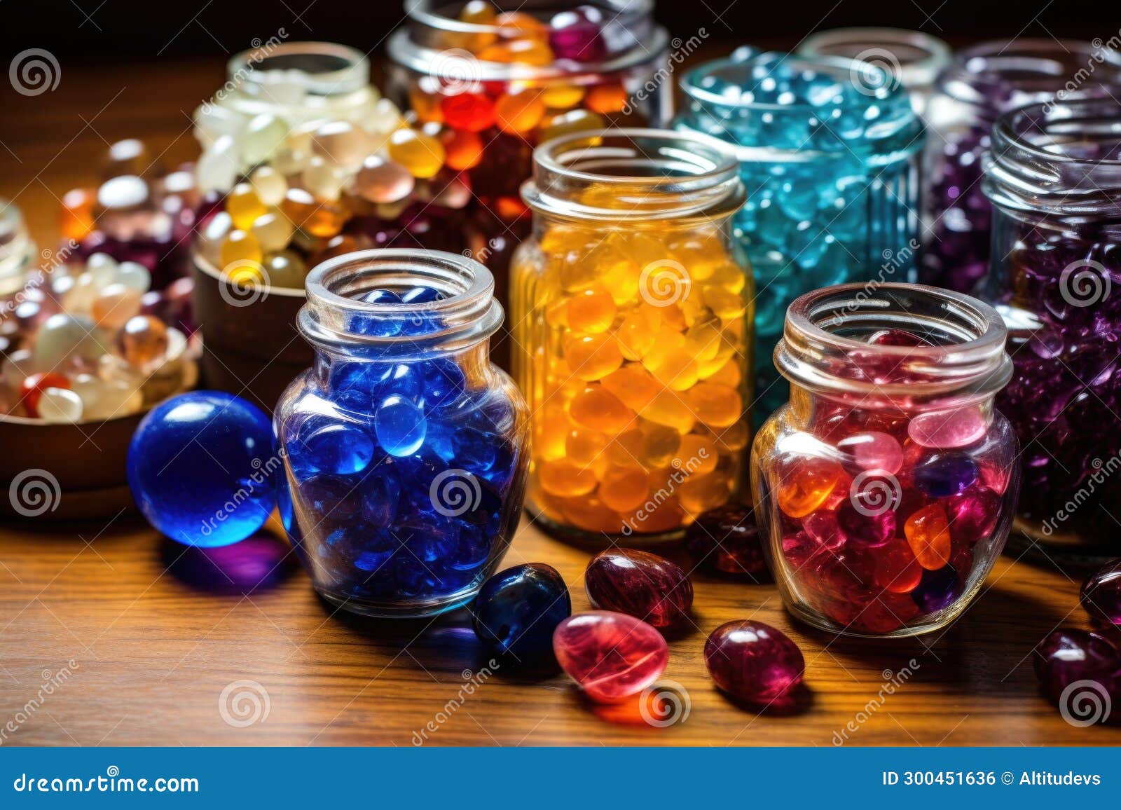 Glass Beads of Different Colors and Shapes Displayed on a Table Stock ...