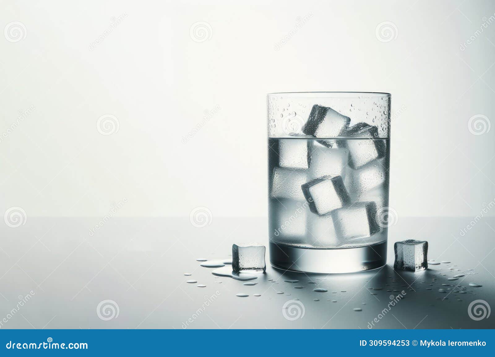 Glass Beaker with Water and Ice Cubes. Space for Text. Stock Image ...