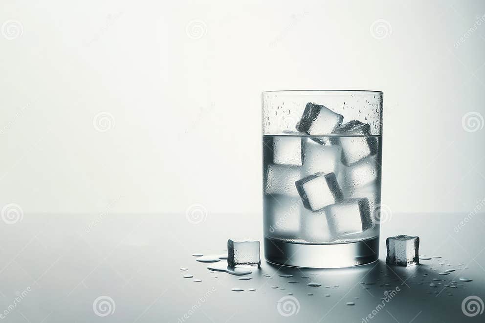 Glass Beaker with Water and Ice Cubes. Space for Text. Stock Image ...