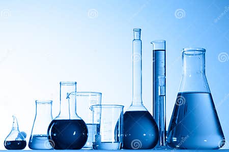 Glass Beakers with Blue Liquid Stock Photo - Image of chemistry, sizes ...