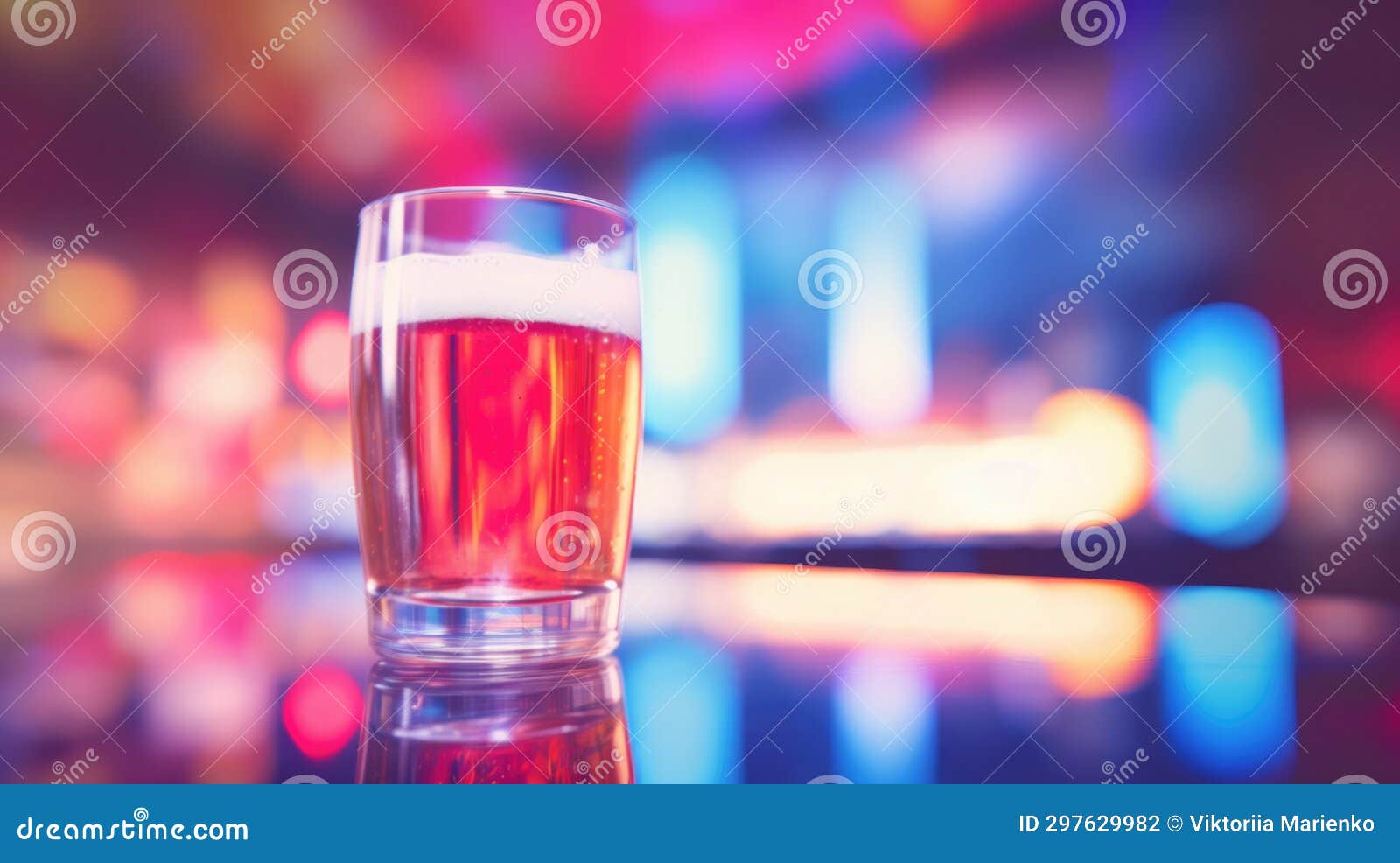 A Glass of Beer on the Bar Counter on a Blurred Background of Neon ...