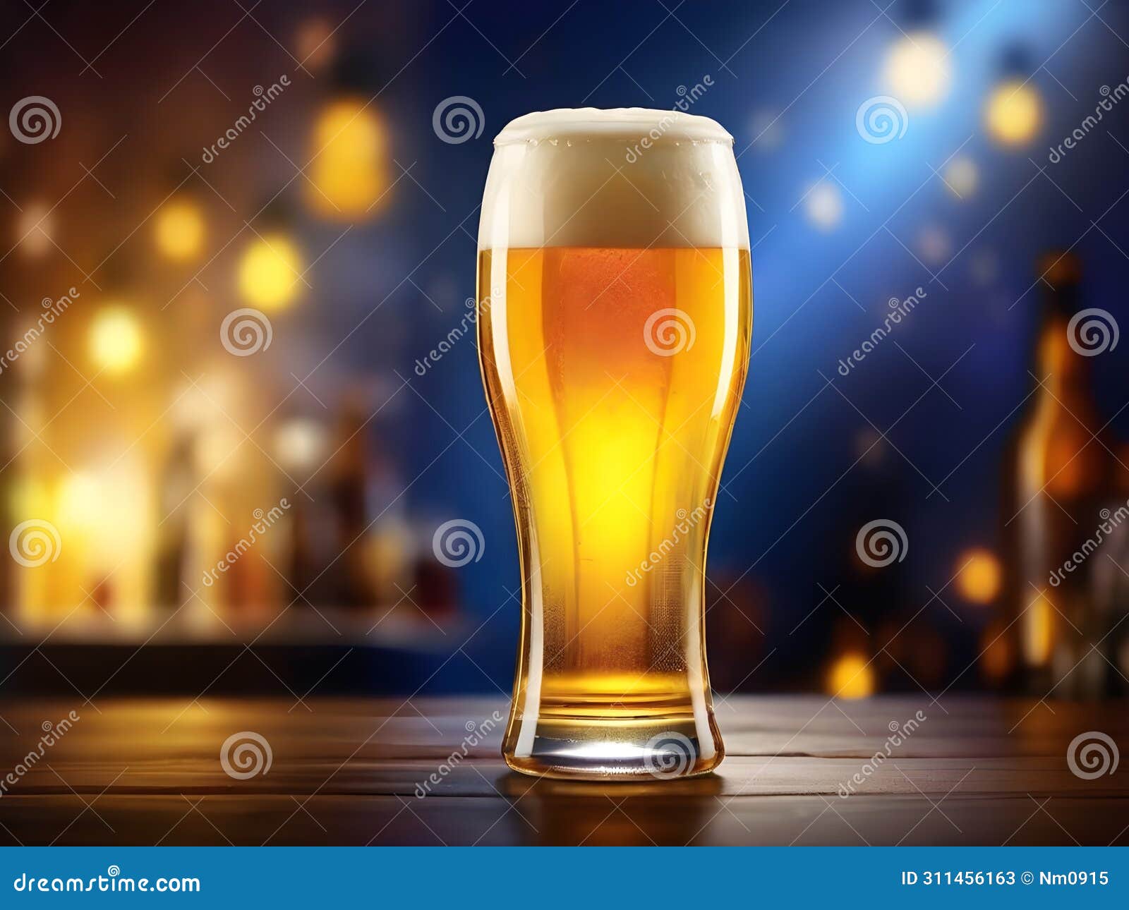 Glass of Beer on a Bar Counter with Blurred Lights in the Background ...