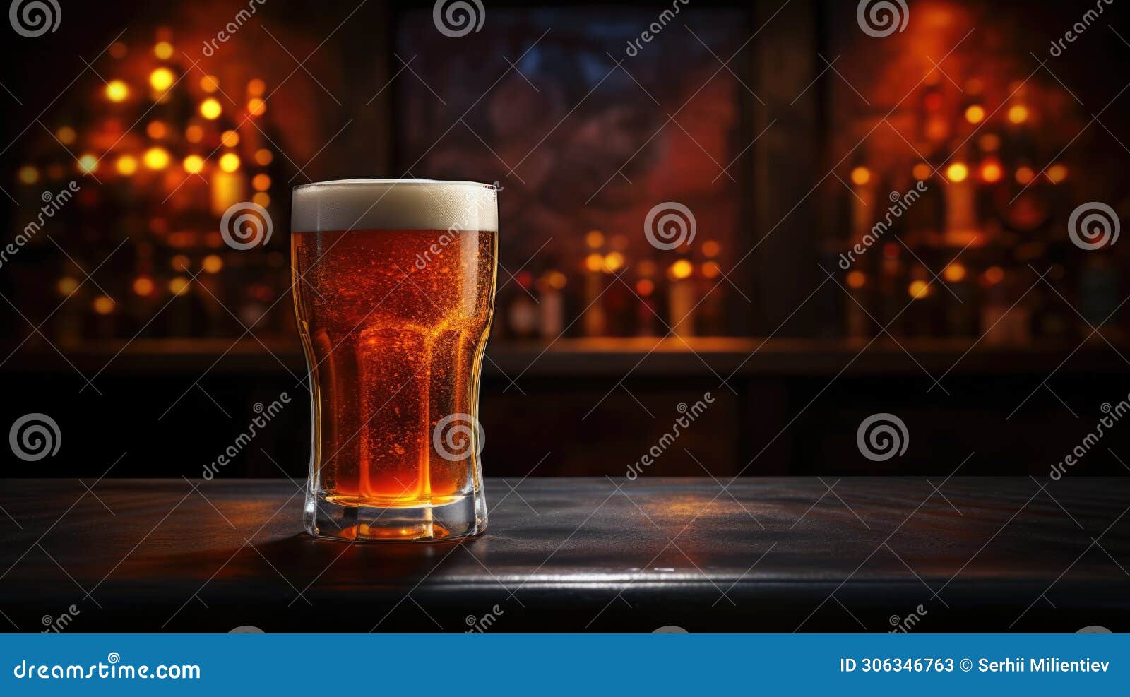 Glass of Beer on Bar or Pub Counter. Bottles of Alcohol Drinks on the ...