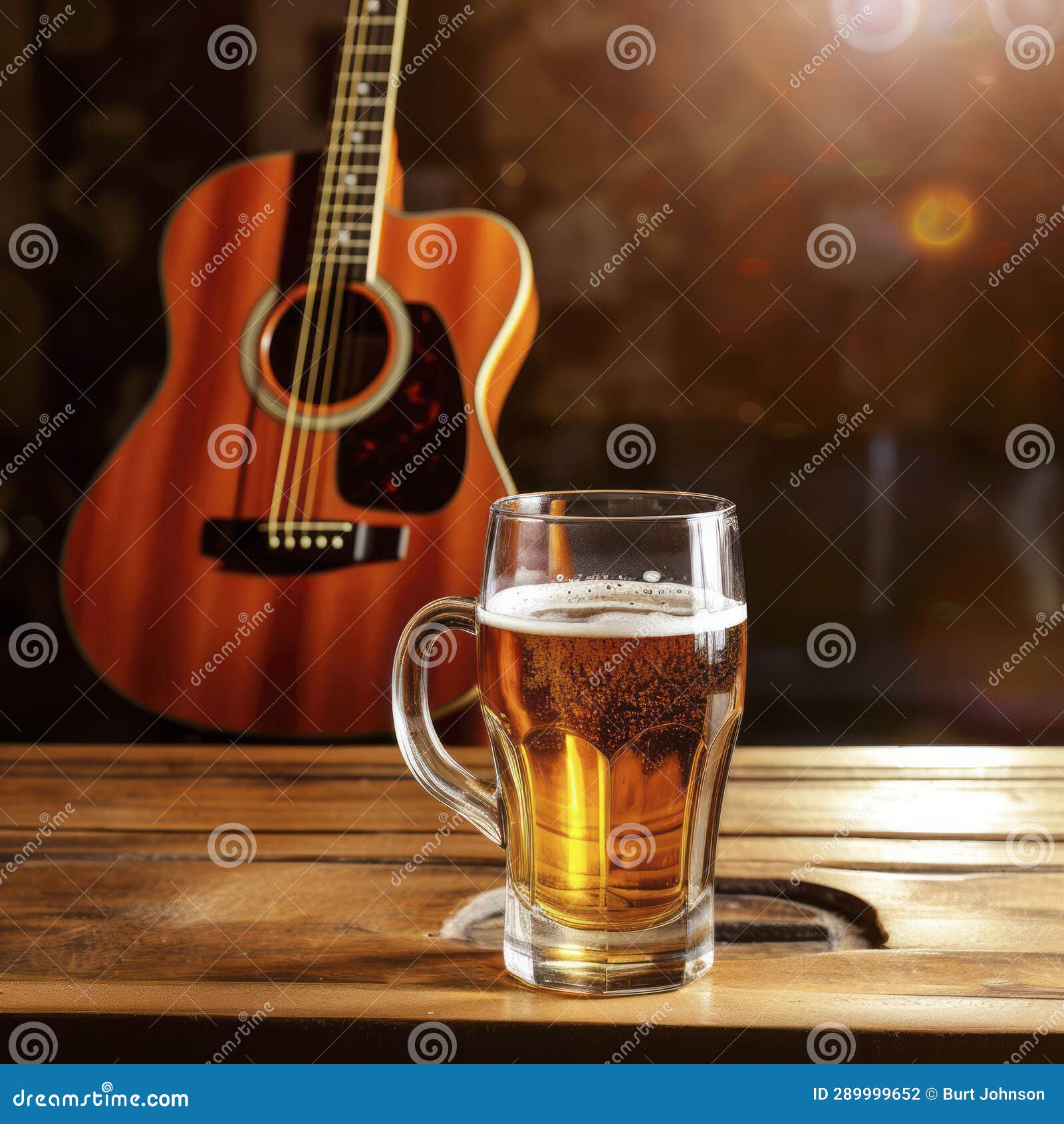 Glass of Beer Next To Guitar on a Table Stock Photo - Image of gold ...