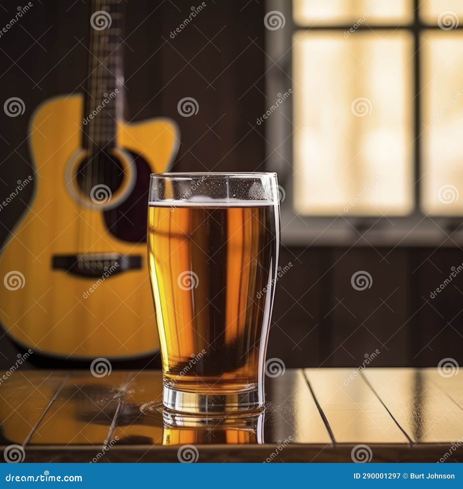 Glass of Beer Next To Guitar on a Table Stock Image - Image of foam ...