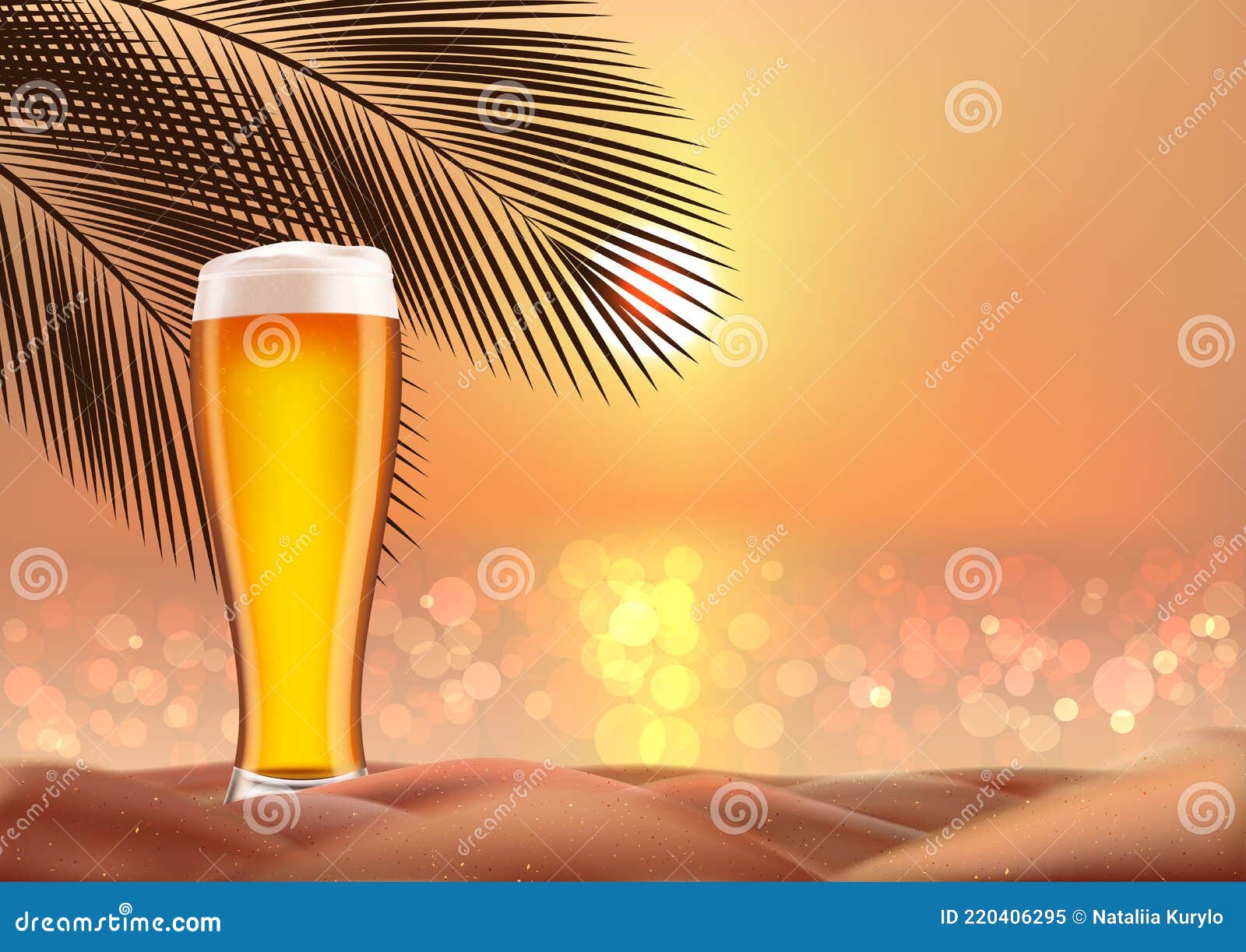 Glass of Beer on Sand, on Beach, Sunset Summer Stock Vector ...