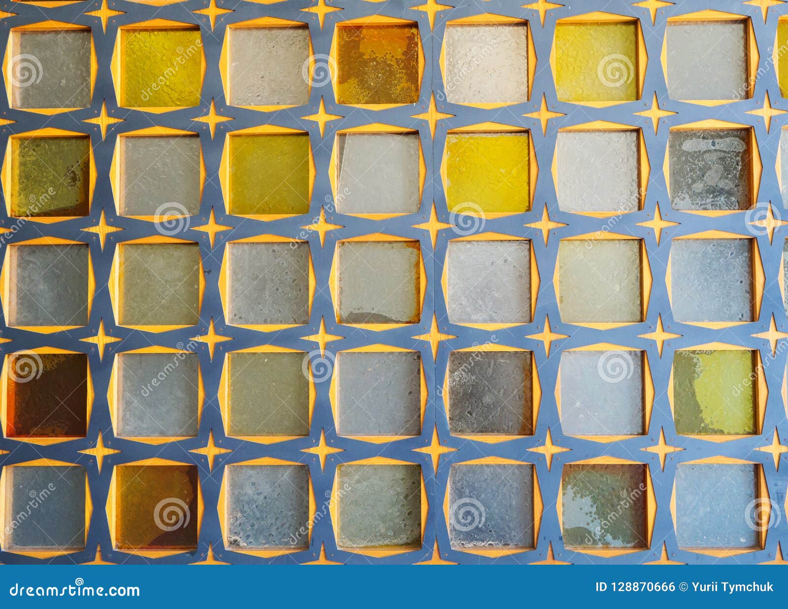 Glass Block Wall of Blue-yellow Colors. Oriental Pattern, Texture Stock ...