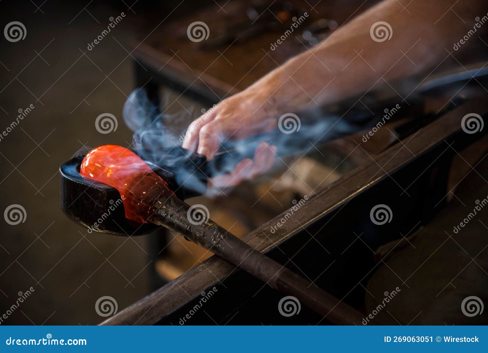 Glass Blower Holding Glass Mold with High Temperature Fire with Smoke ...