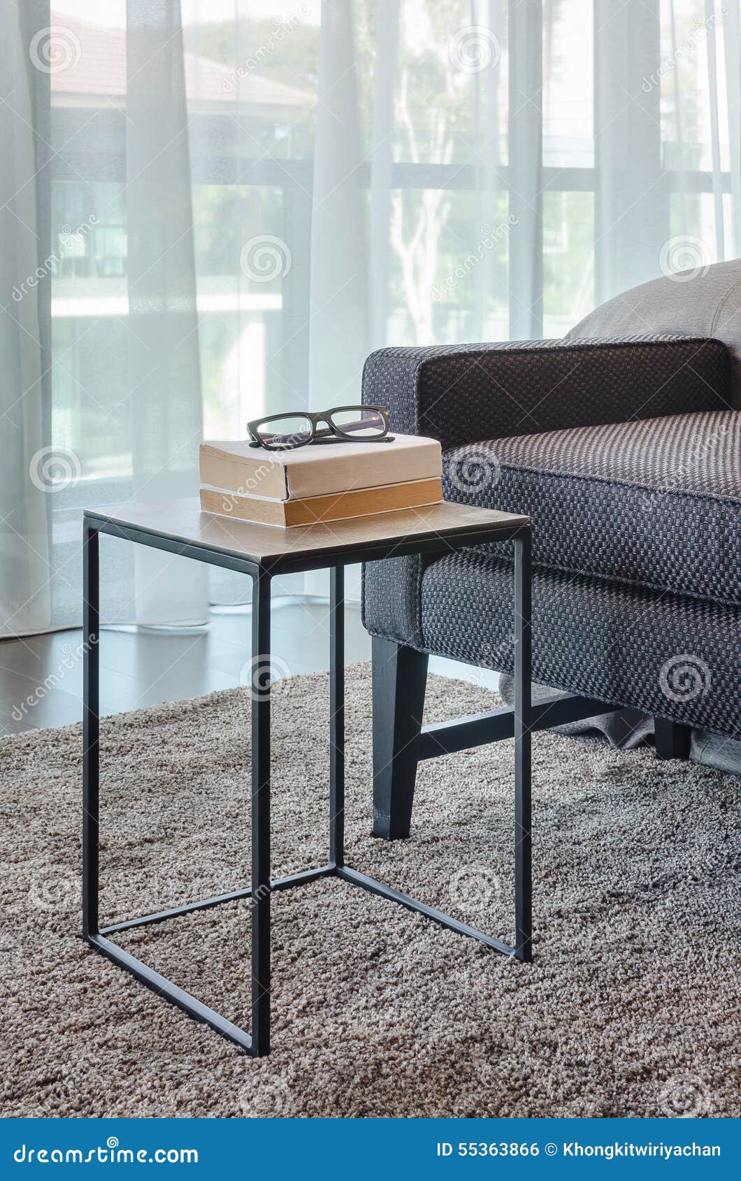 Glass and Books on Modern Style Table Stock Photo - Image of floor ...