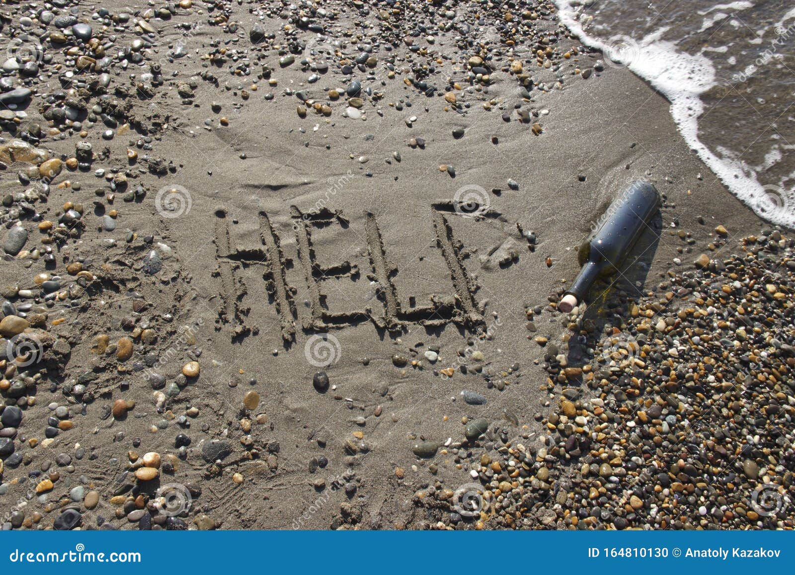 Glass Bottle on a Beach, the Word Help in the Sand Stock Photo - Image ...