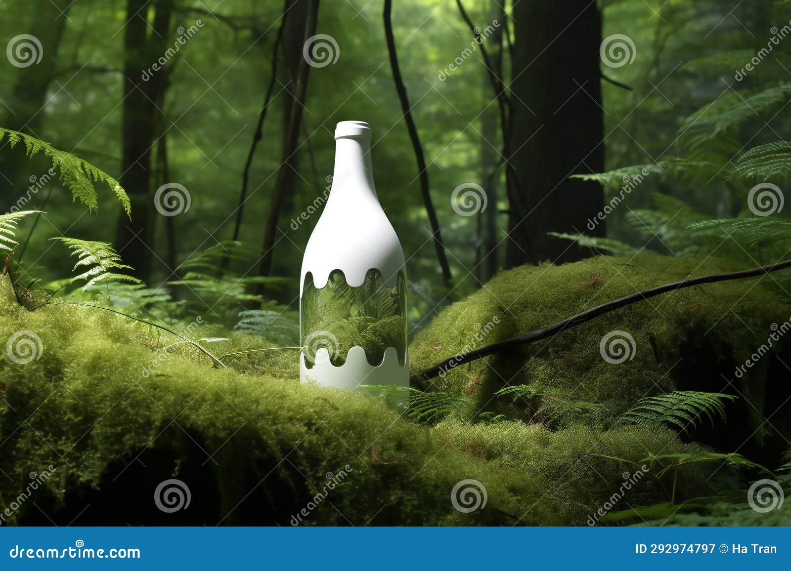 Glass Bottle in the Forest with Moss and Ferns, Stock Illustration ...