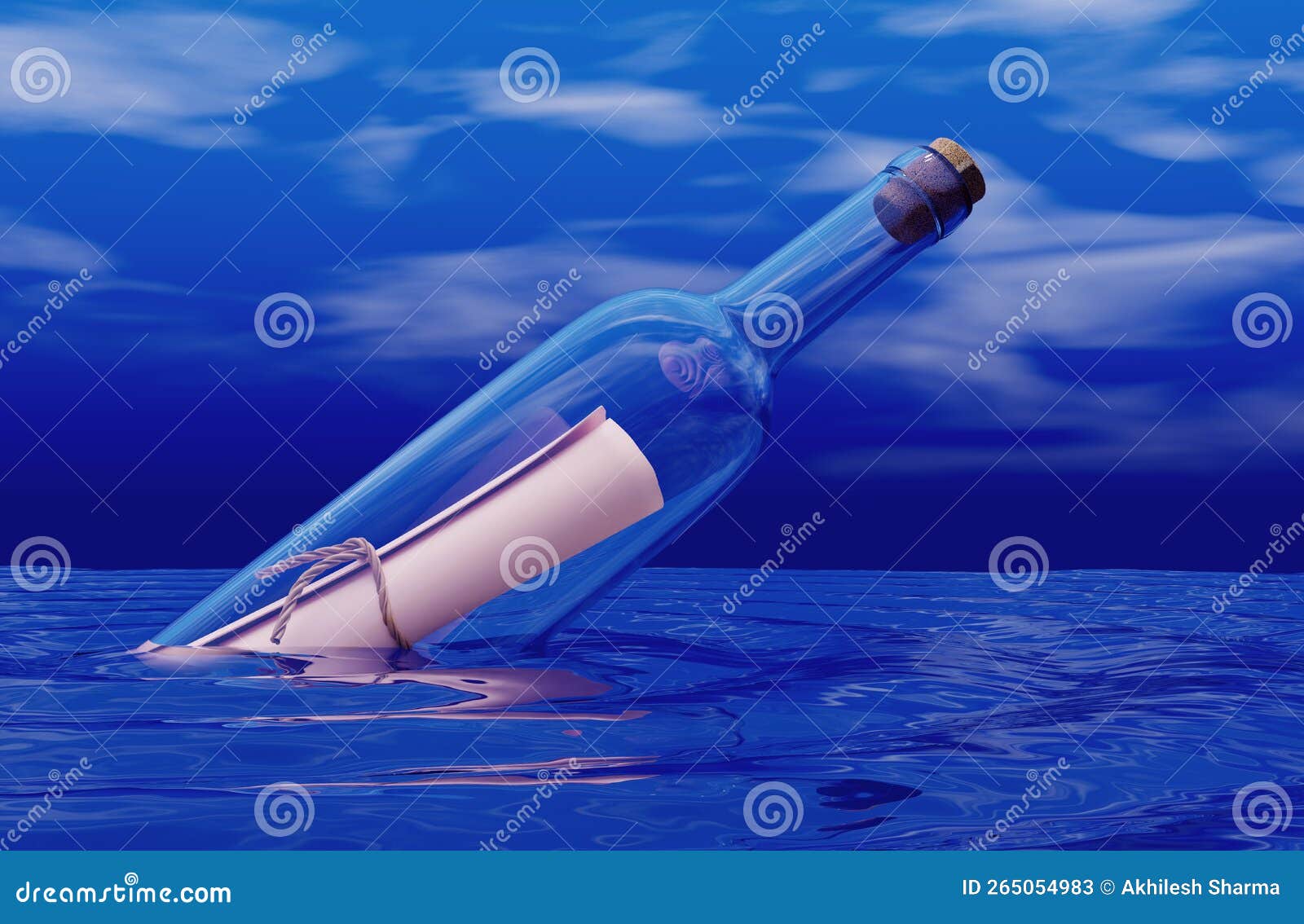 Glass Bottle with a Letter Message Inside it in the Sea Ocean - 3D ...