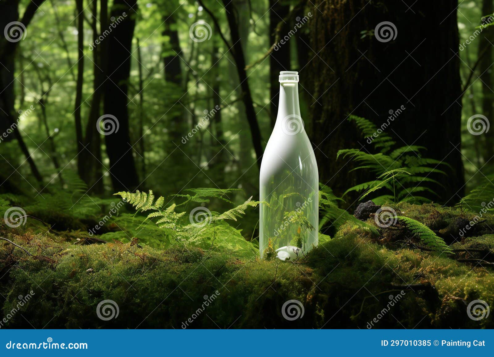 Glass Bottle on Moss in the Forest with Ferns and Tree Stock ...