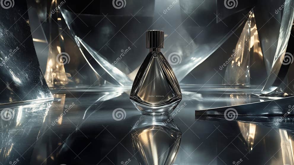 A Glass Bottle of Perfume Sits on a Reflective Surface, Surrounded by ...