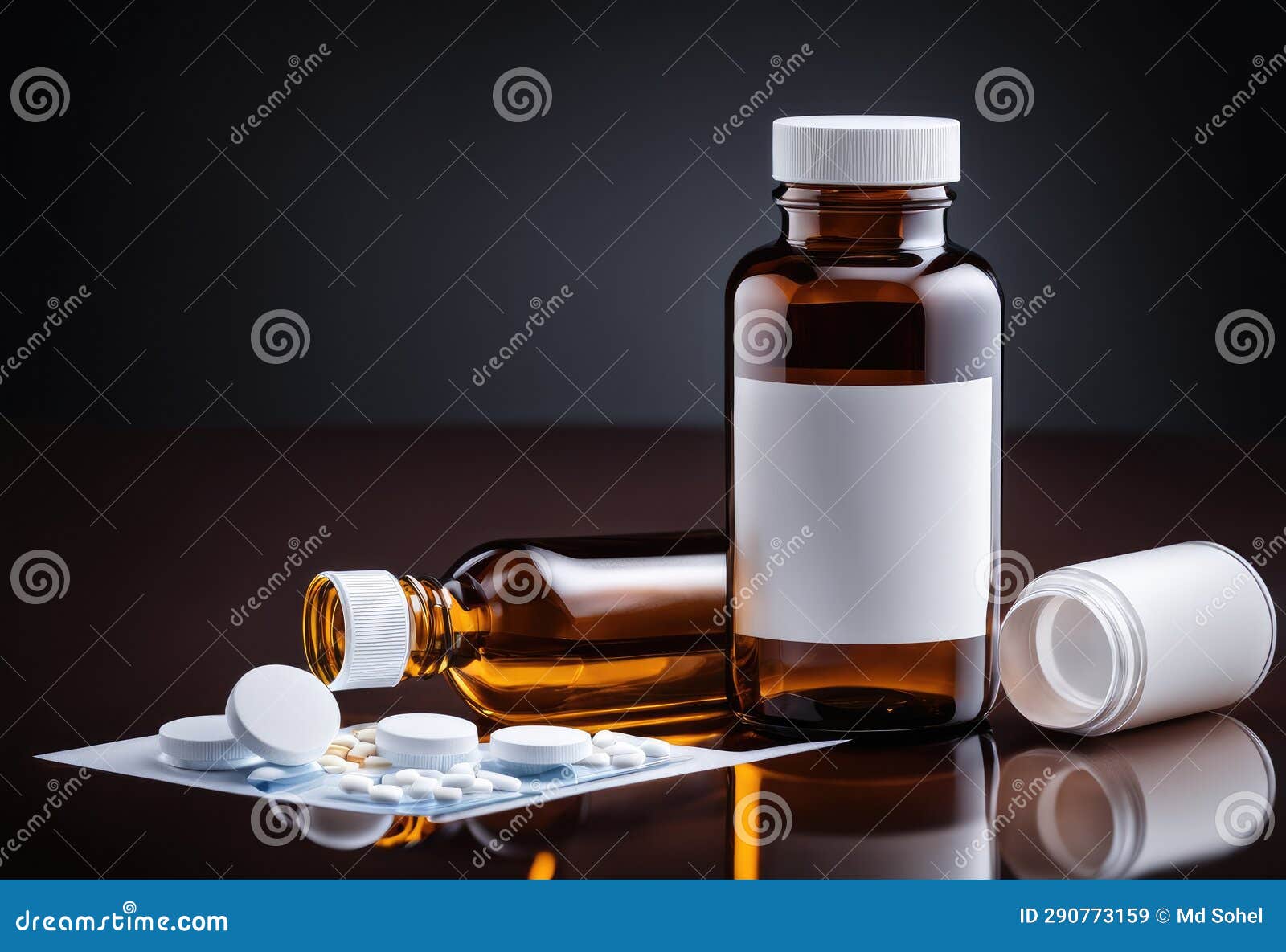 A Glass Bottle Positioned beside a Stack of Tablets on a Prescription ...
