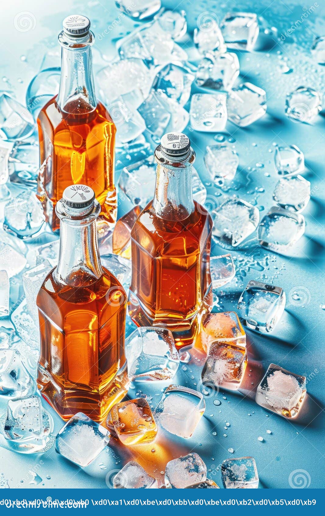Glass Bottles with Alcohol in Ice Cubes. Selective Focus Stock Photo ...