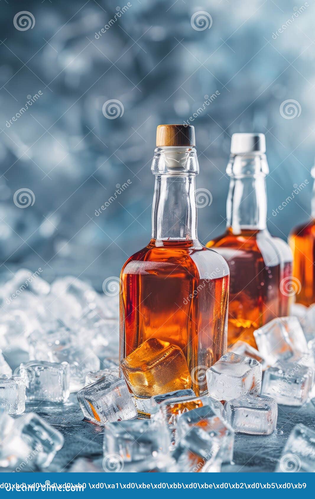 Glass Bottles with Alcohol in Ice Cubes. Selective Focus Stock Image ...
