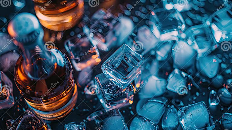 Glass Bottles with Alcohol in Ice Cubes. Selective Focus Stock ...