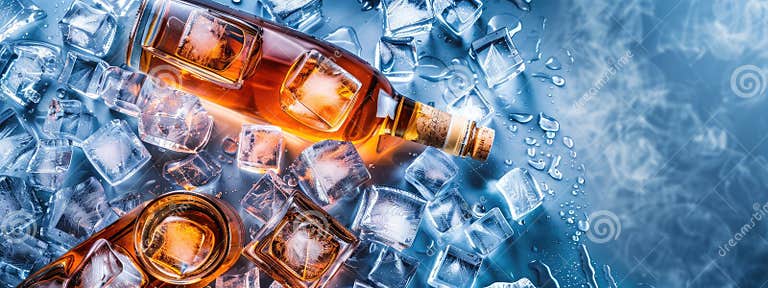 Glass Bottles with Alcohol in Ice Cubes. Selective Focus Stock ...