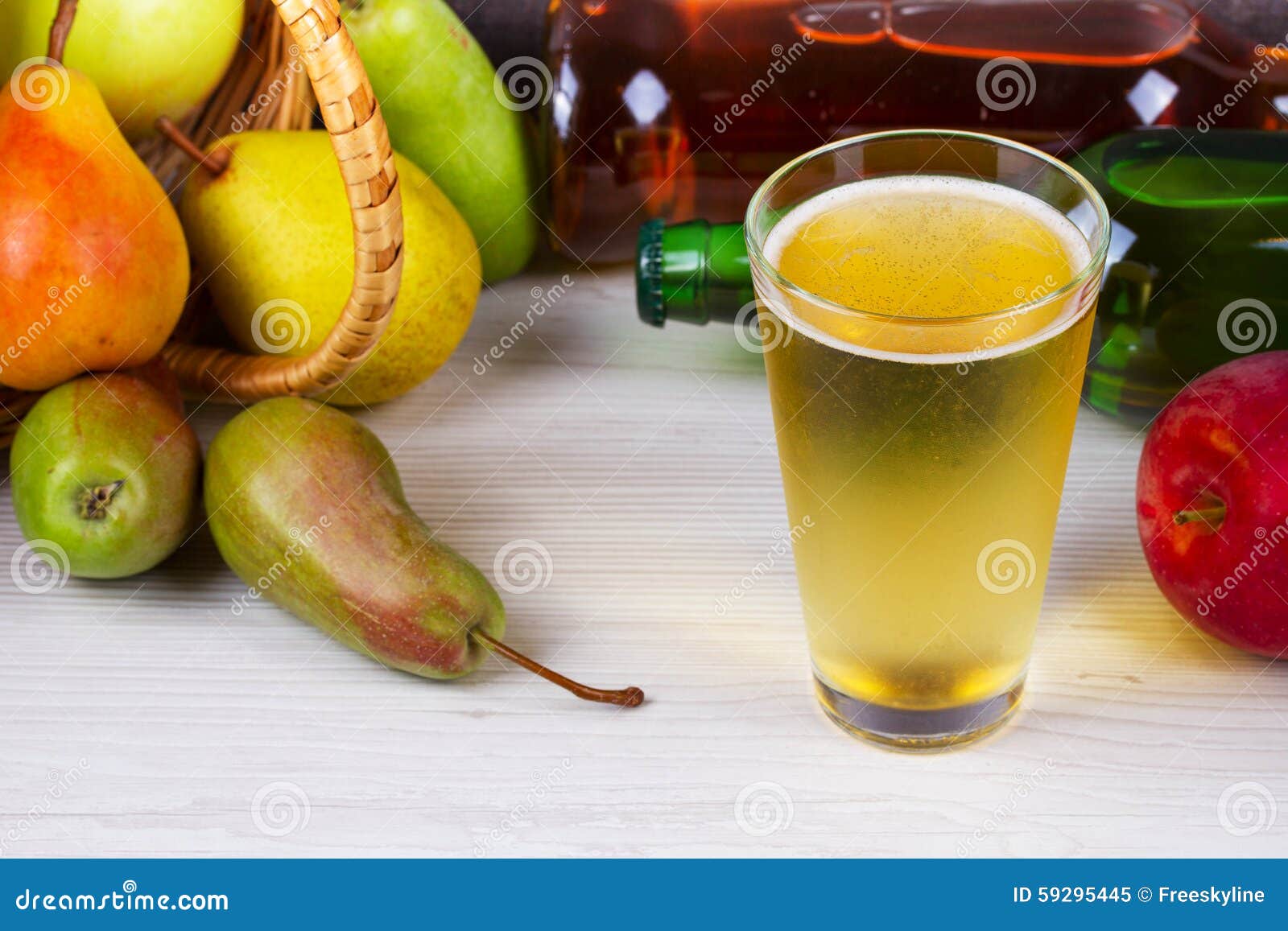 Glass and Bottles of Cider. Apples and Pears. Stock Image - Image of ...