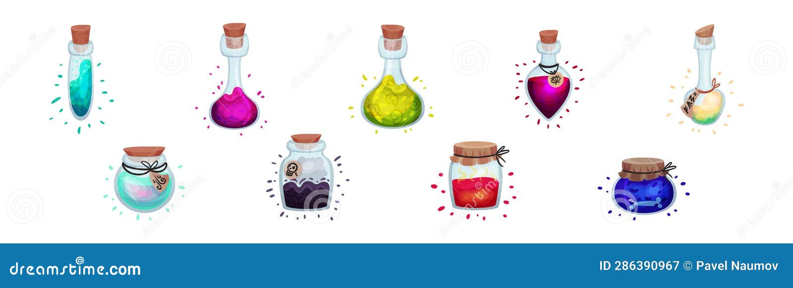 Glass Bottles and Jars with Potion Corked with Bottle Cap Vector Set ...