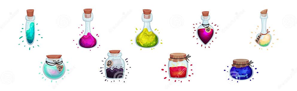 Glass Bottles and Jars with Potion Corked with Bottle Cap Vector Set ...