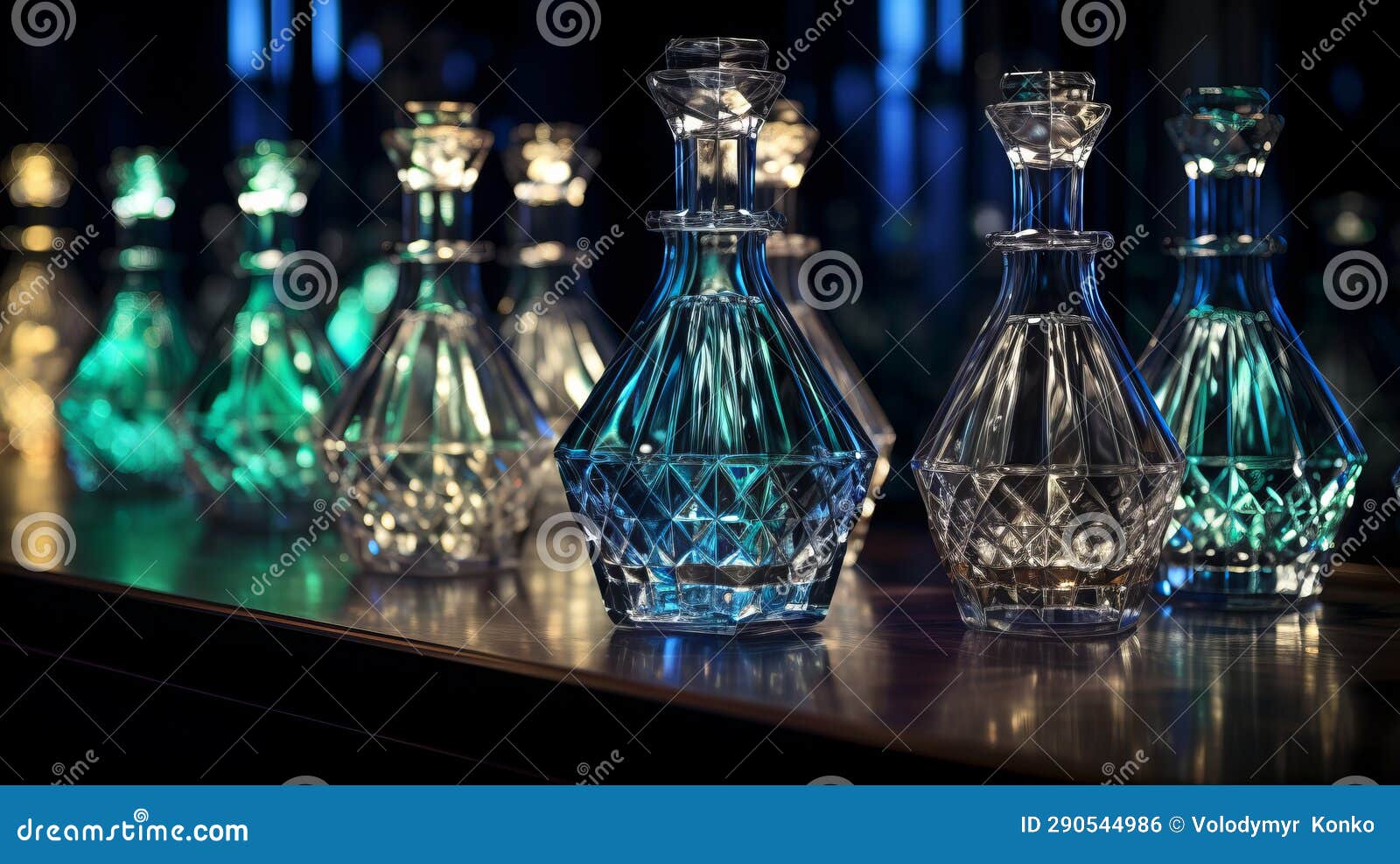Glass bottles on a table stock photo. Image of transparent - 290544986
