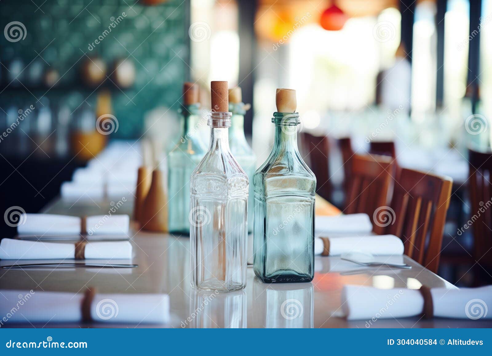 Glass Bottles for Water Service on Restaurant Tables Stock Photo ...