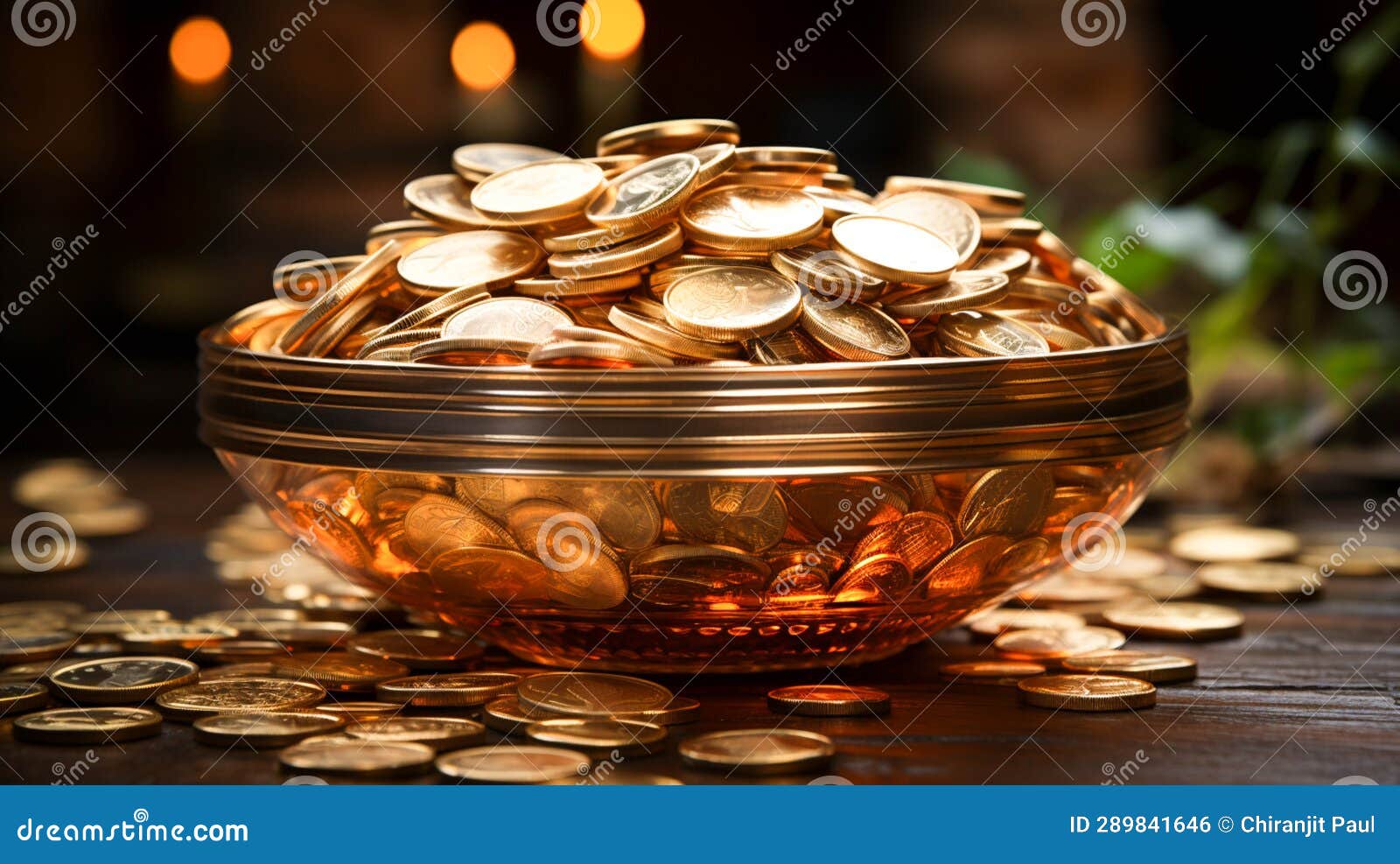 A Glass Bowl with Gold Coins Inside and a Gold Bowl Stock Photo - Image ...