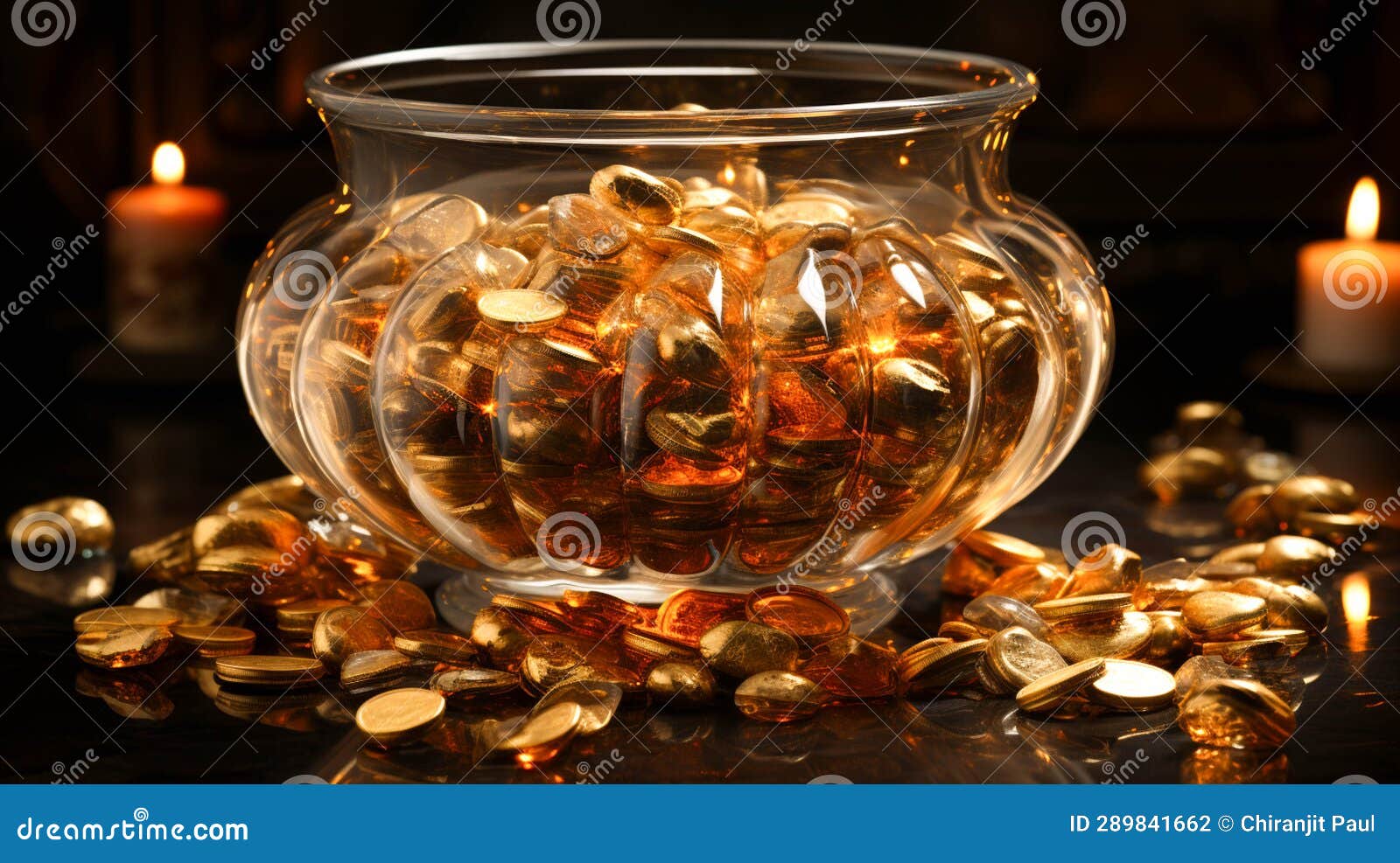 A Glass Bowl with Gold Coins Inside and a Gold Bowl Stock Photo - Image ...