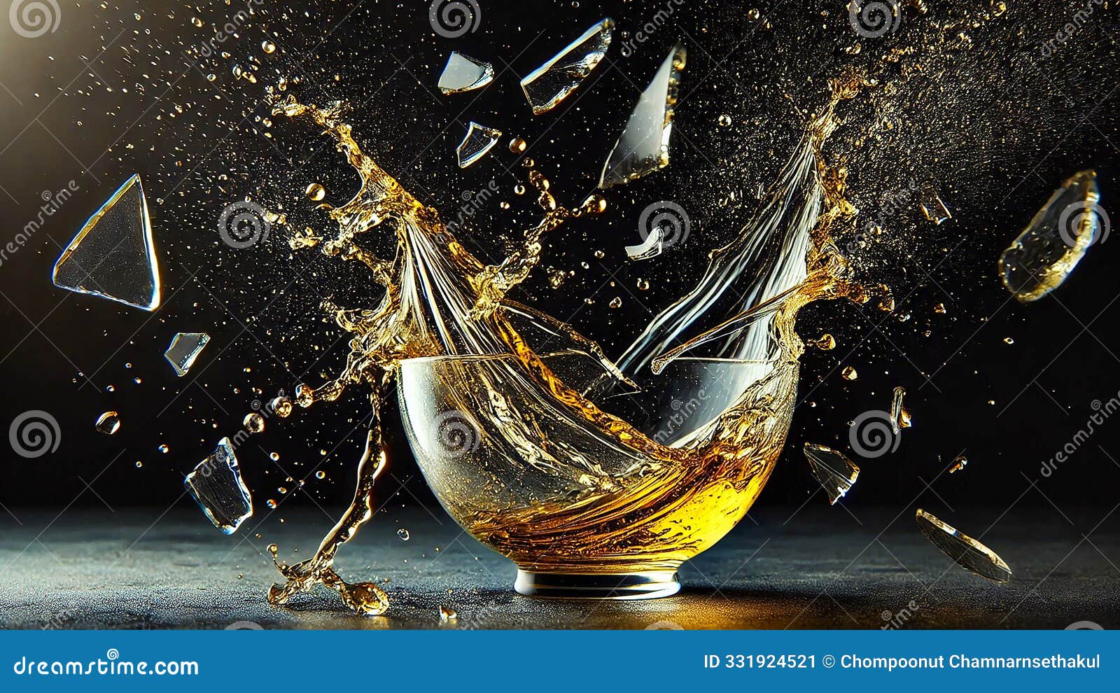 Glass Bowl with Splashing Liquid and Flying Glass Shards Stock ...