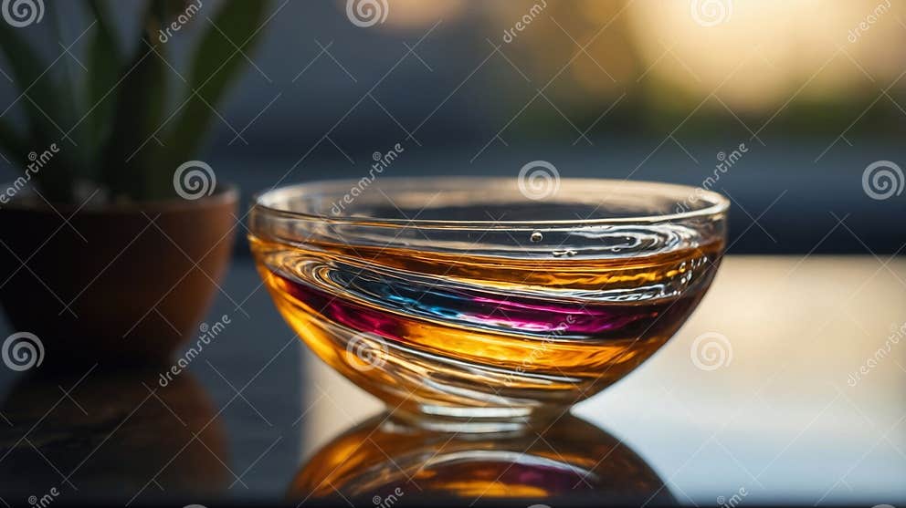 Glass Bowl Using Water Creating Ripples Over a Reflective Surface ...