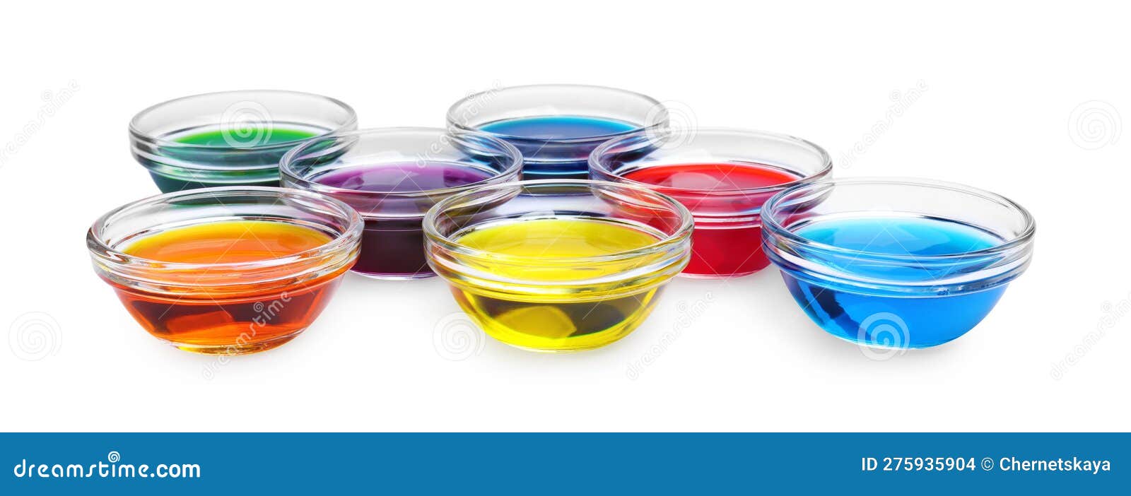 Glass Bowls with Different Food Coloring on White Background Stock ...