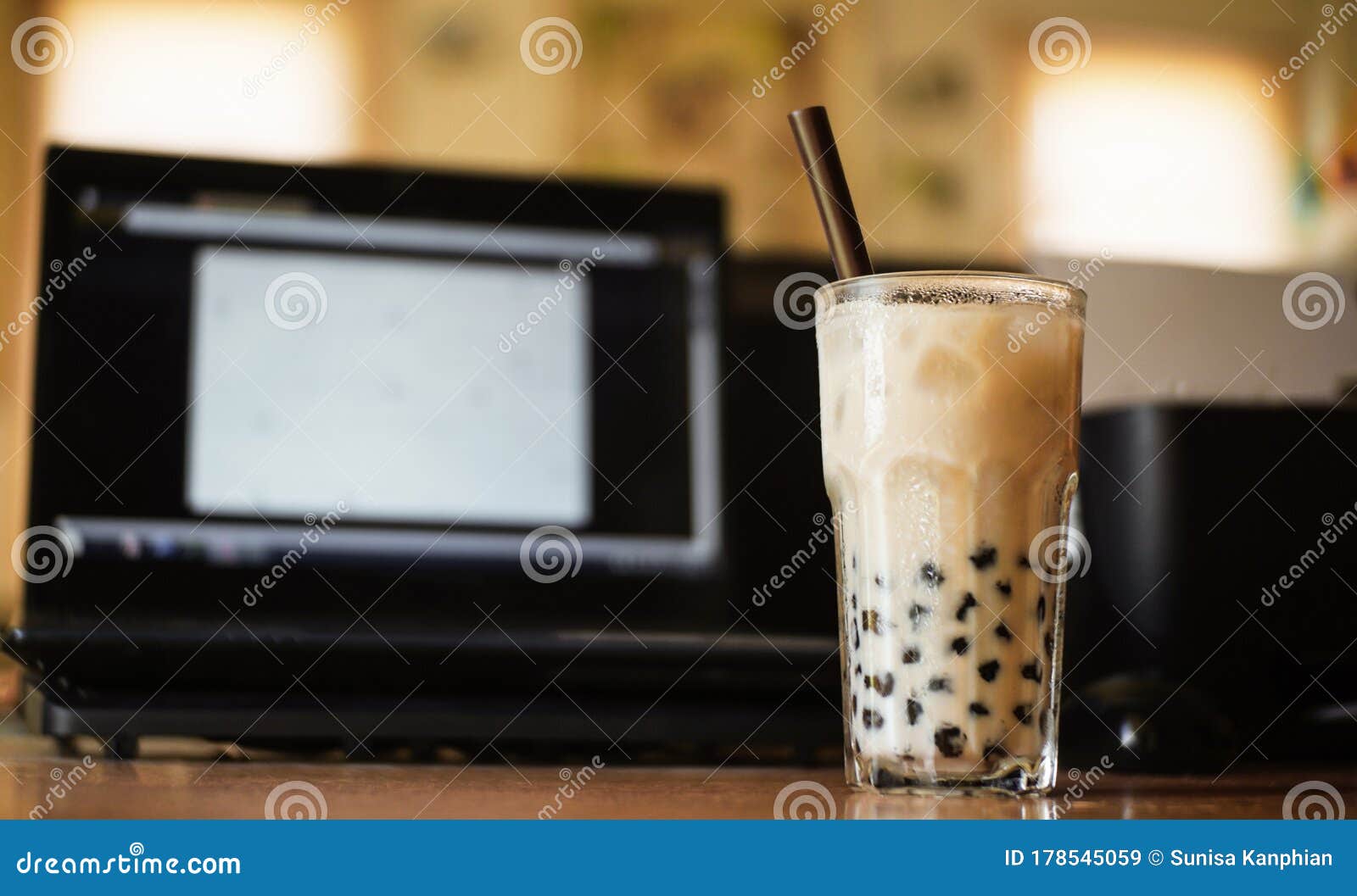 A Glass of Bubble Tea on Table, Working from Home Stock Image - Image ...