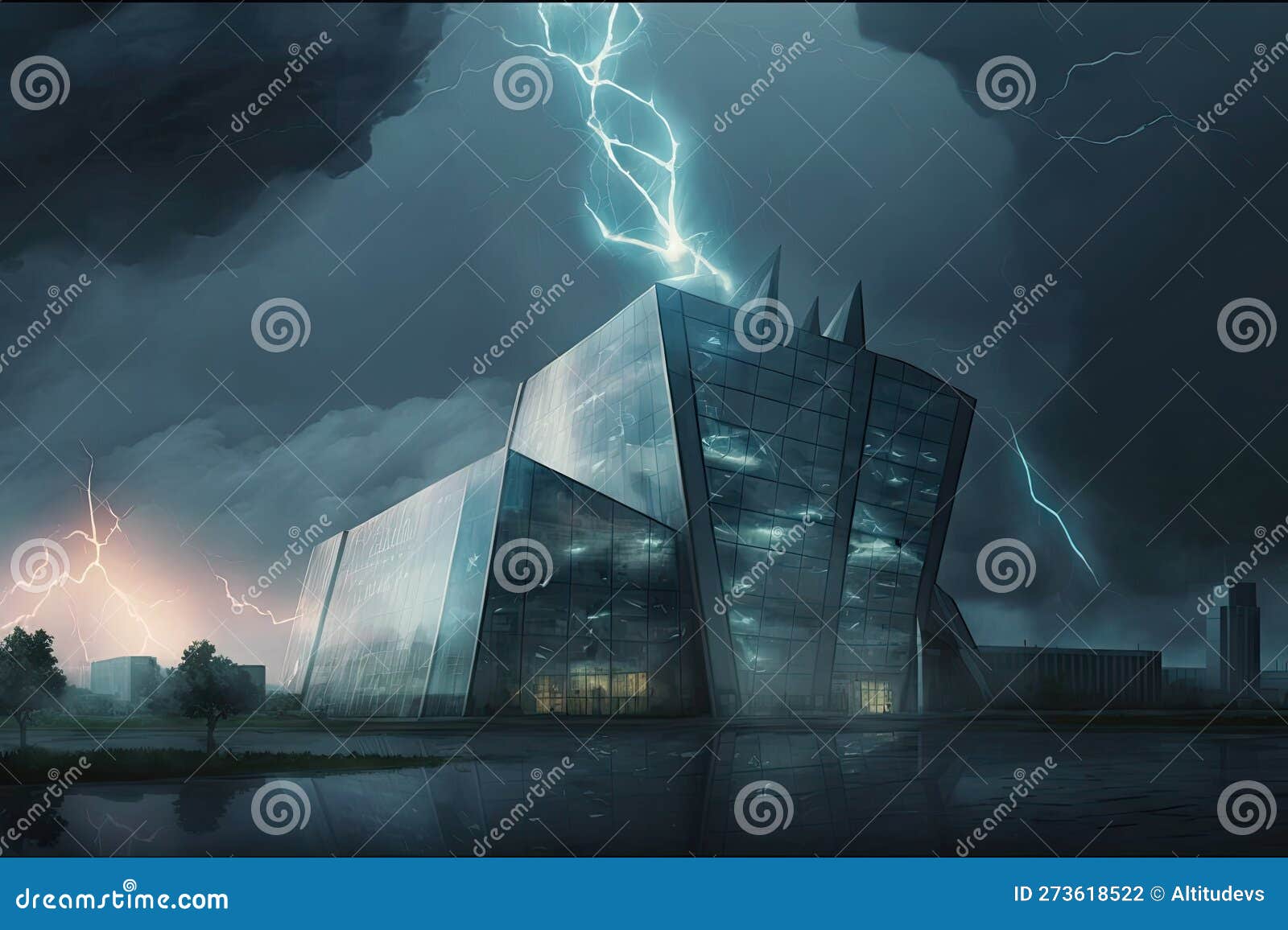 Glass Building in Storm, with Lightning and Thunderstorms Visible ...