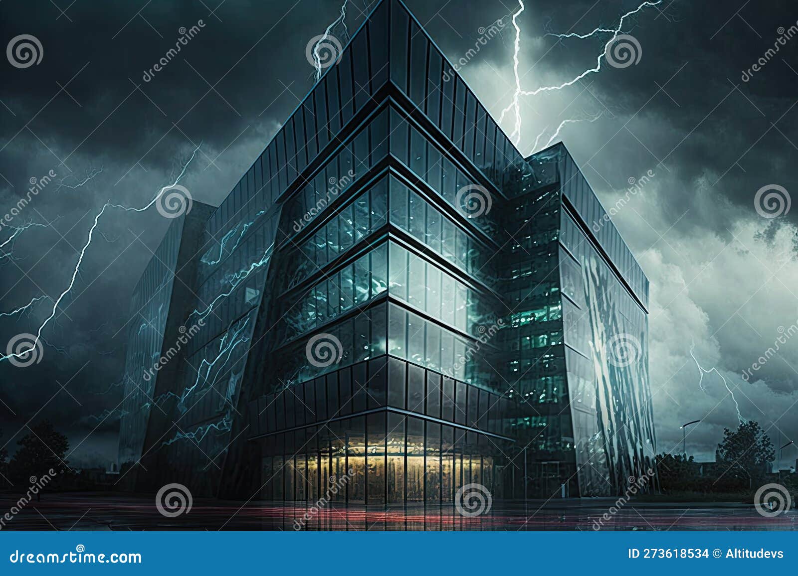 Glass Building in Storm, with Lightning and Thunderstorms Visible ...
