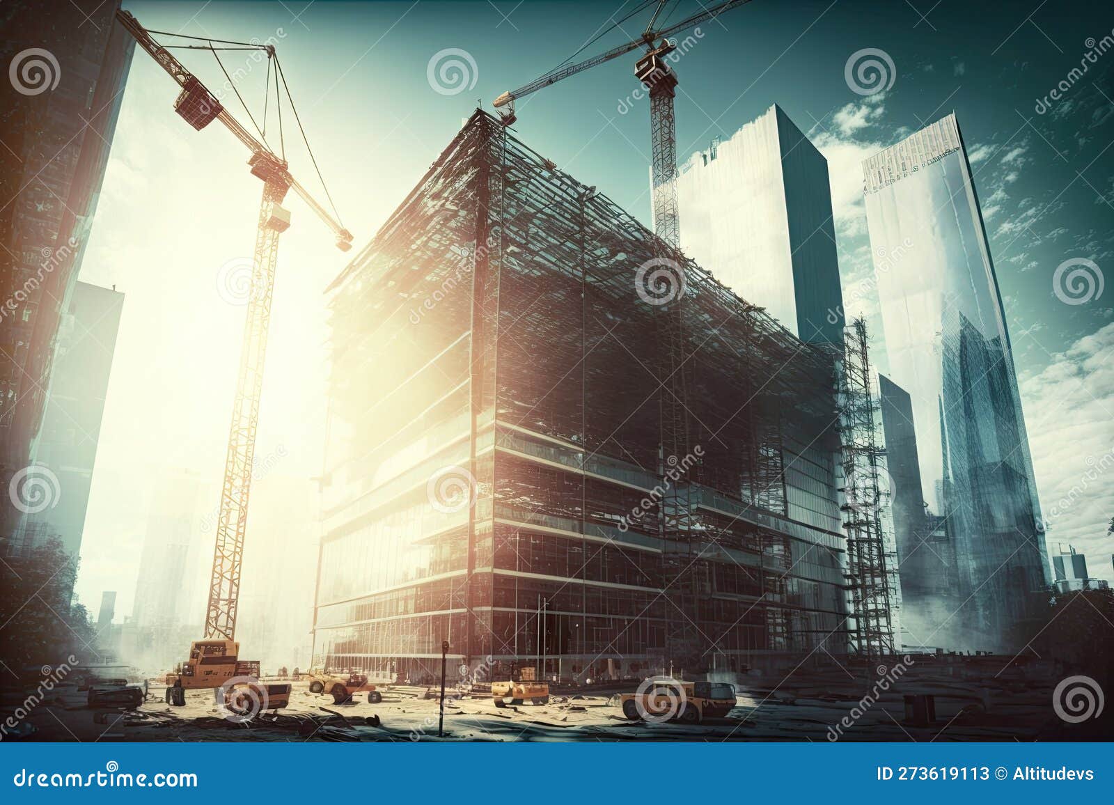 Glass Building Under Construction, with Towering Cranes and Bustling ...