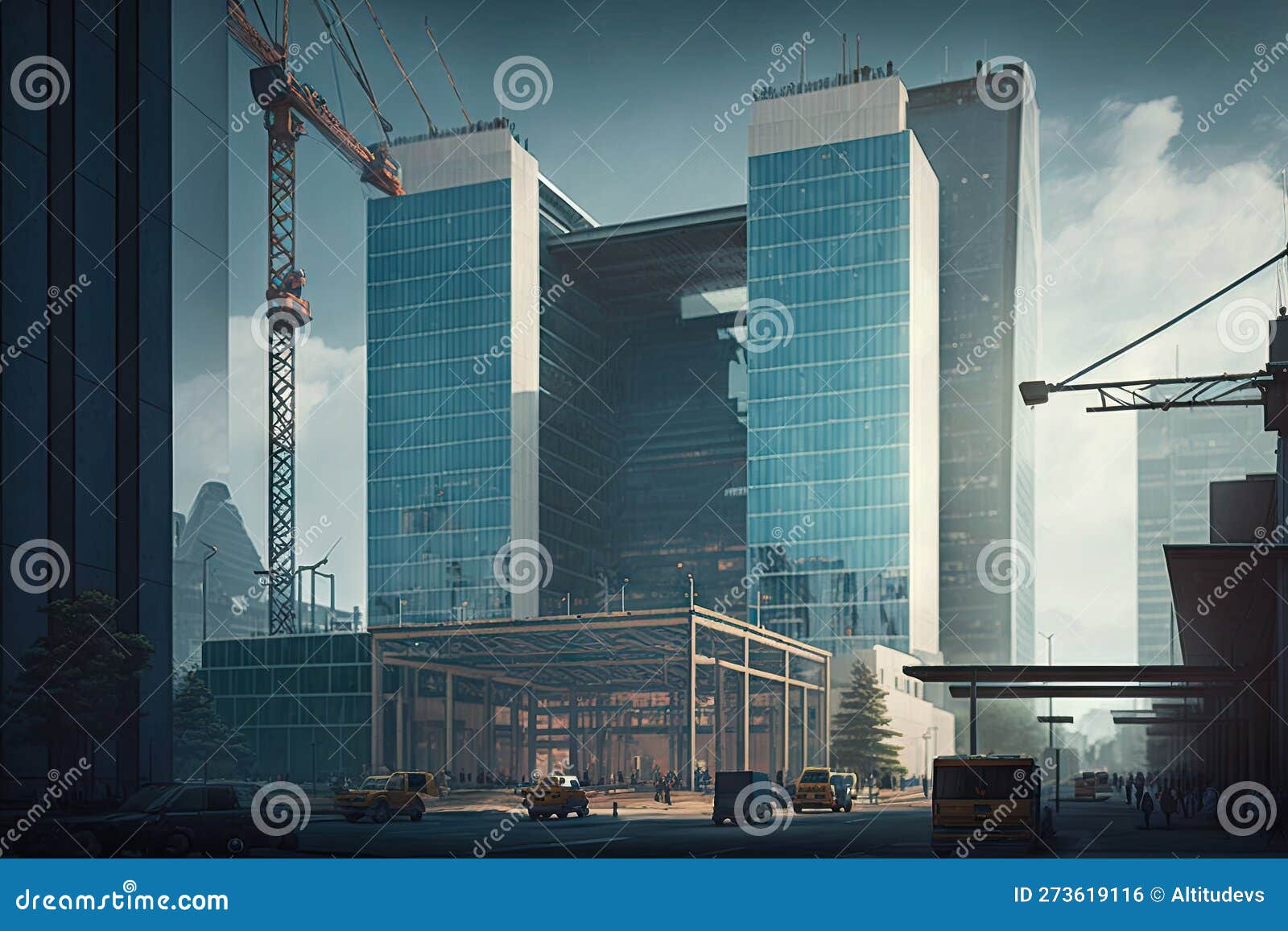 Glass Building Under Construction, with Towering Cranes and Bustling ...