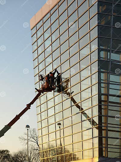 Glass Building Window Washers Cherry Picker Stock Image - Image of ...