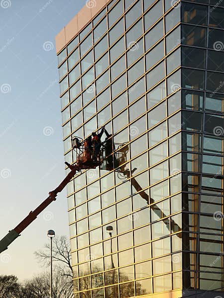 Glass Building Window Washers Cherry Picker Stock Image - Image of ...