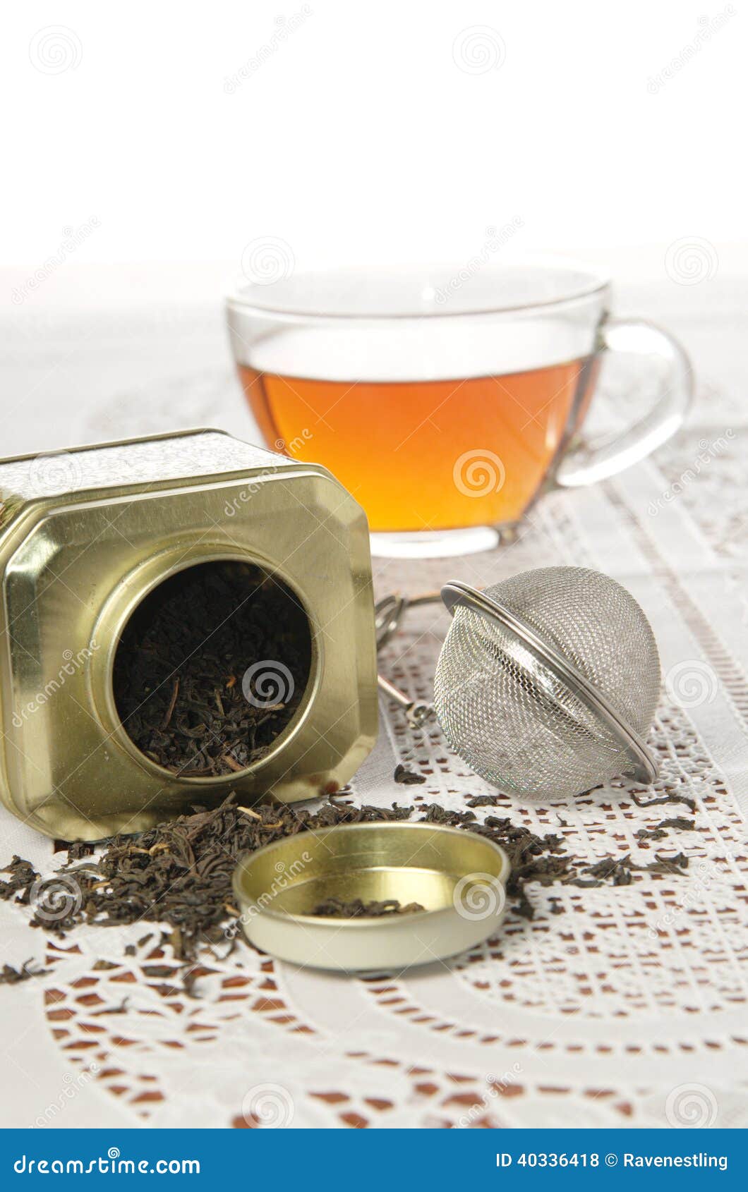 Glass Cap of Tea and Organic Black Tea in Metal Can Stock Photo - Image ...