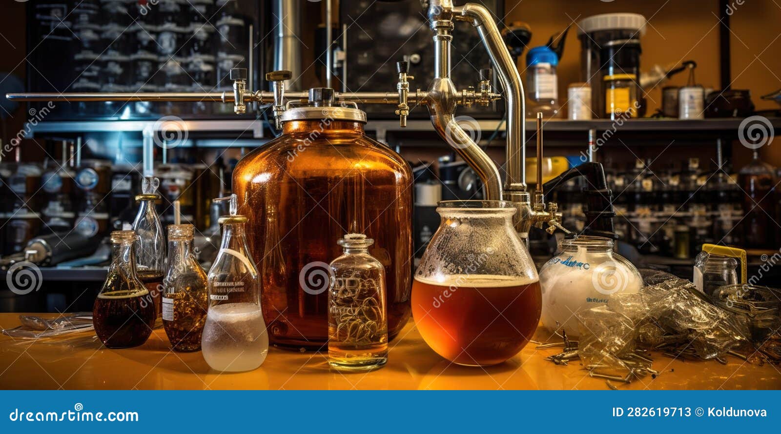 A Glass Carboy Full Of Fermenting Beer, Surrounded By Brewing Equipment ...