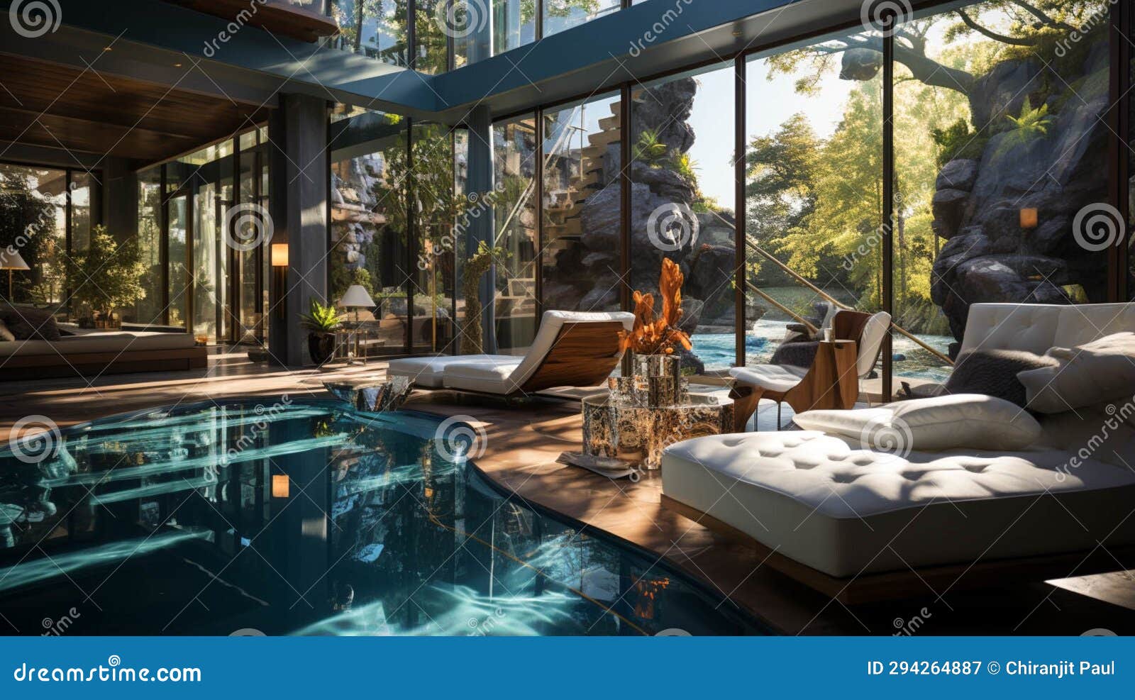 A Glass Ceiling Pool Room with Spa Interior Stock Image - Image of ...