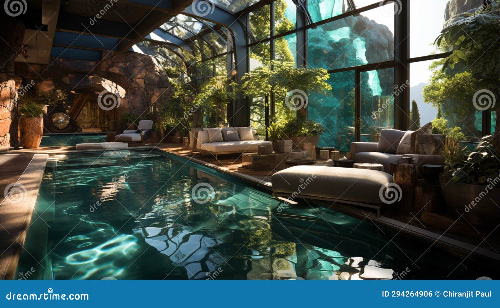 A Glass Ceiling Pool Room with Spa Interior Stock Photo - Image of ...
