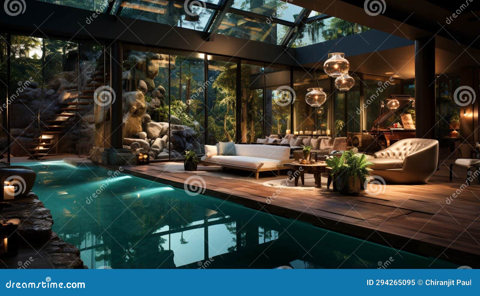 A Glass Ceiling Pool Room with Spa Interior Stock Image - Image of ...