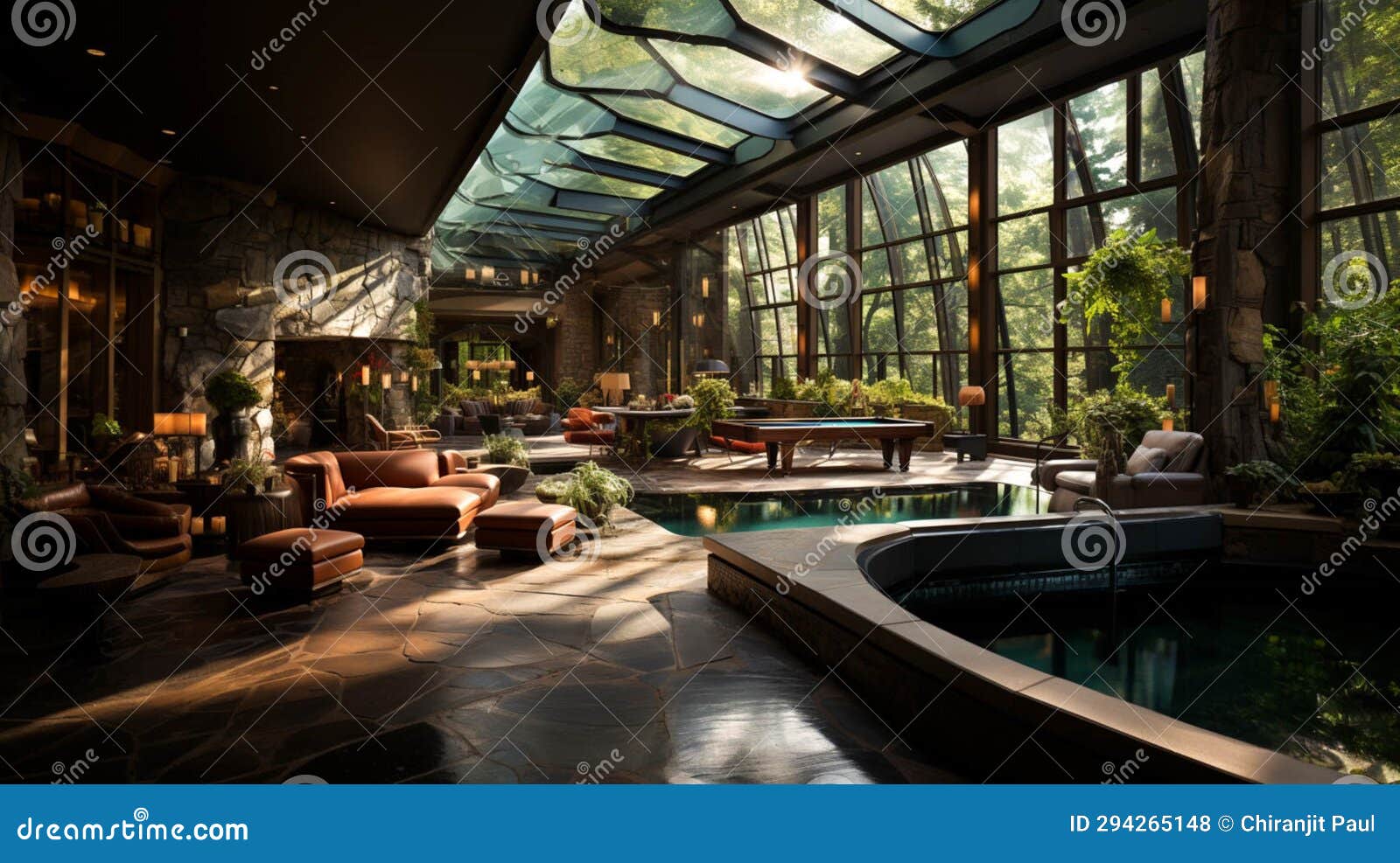 A Glass Ceiling Pool Room with Spa Interior Stock Photo - Image of ...