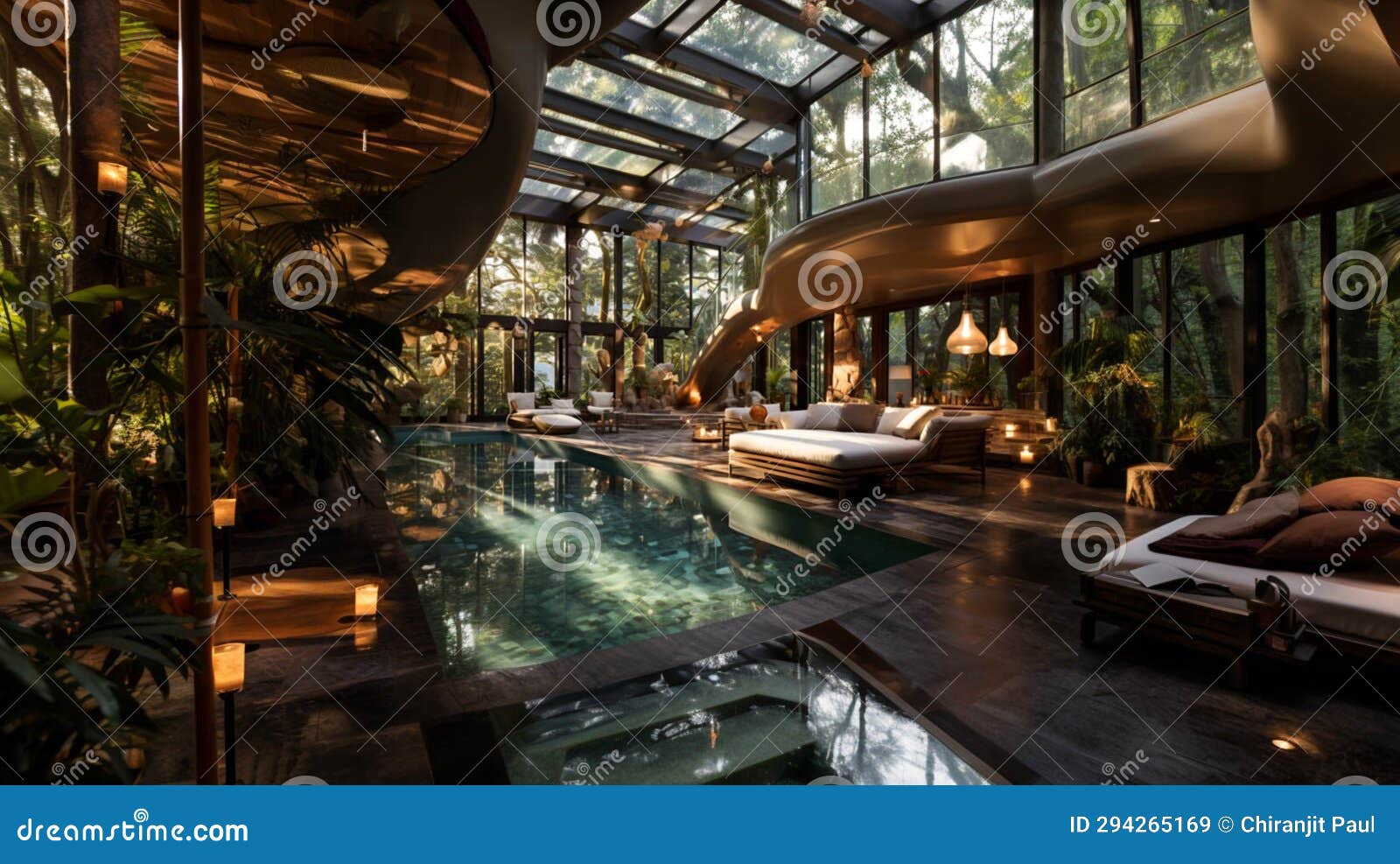 A Glass Ceiling Pool Room with Spa Interior Stock Image - Image of ...