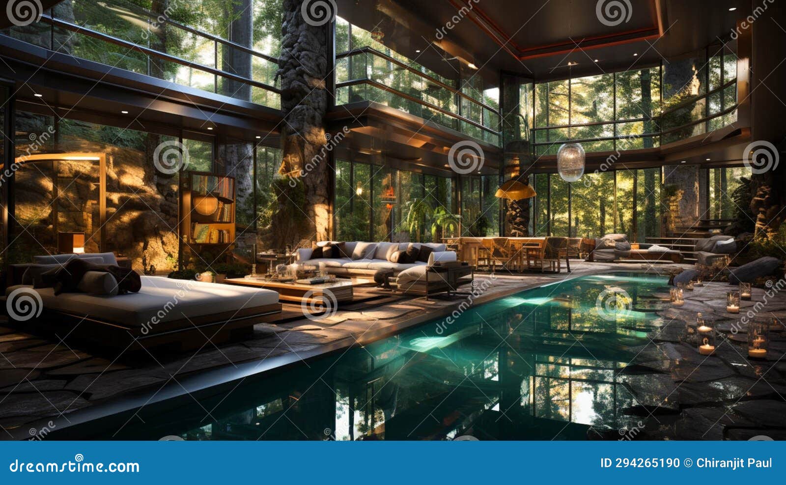 A Glass Ceiling Pool Room with Spa Interior Stock Photo - Image of ...