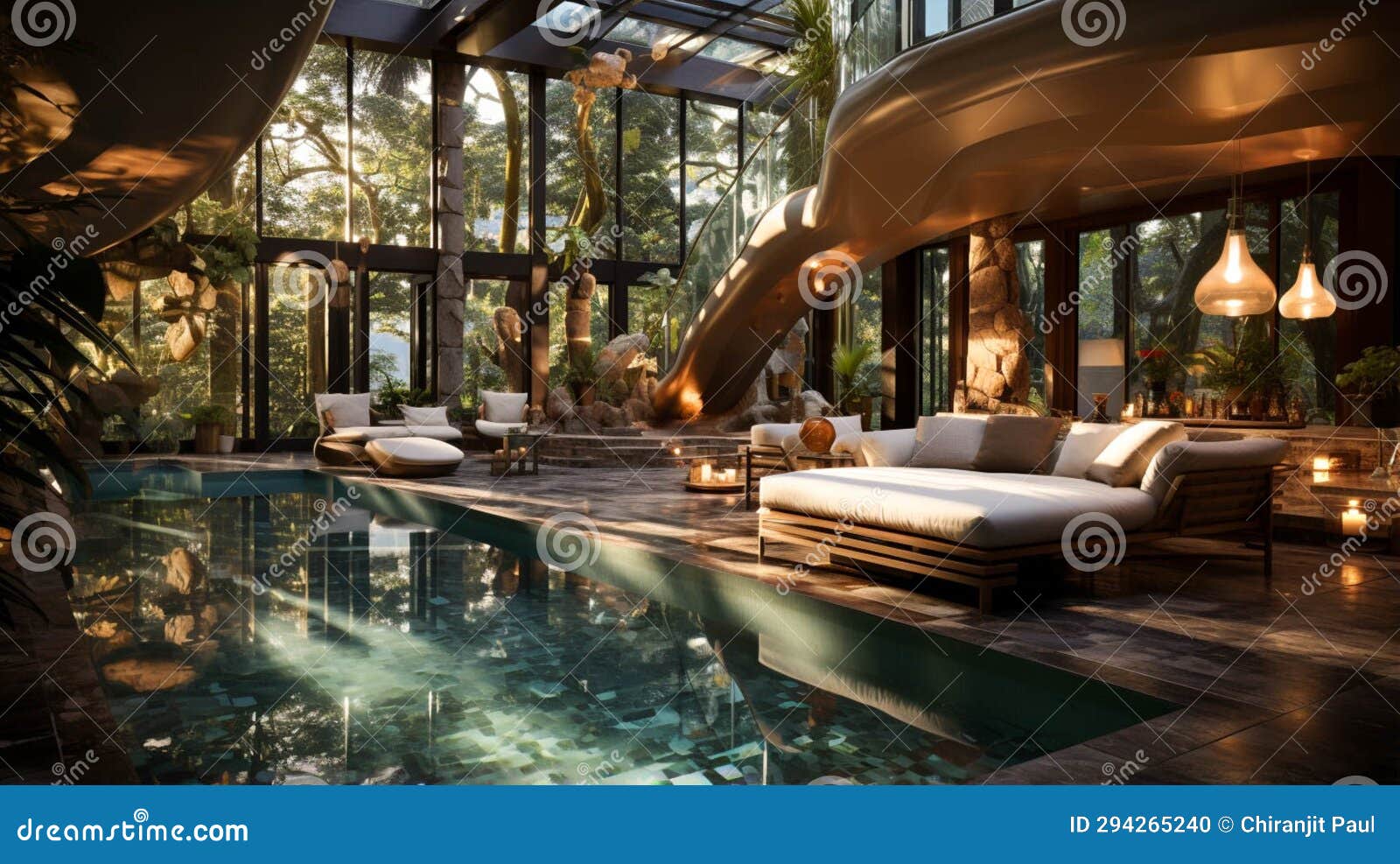 A Glass Ceiling Pool Room with Spa Interior Stock Photo - Image of ...