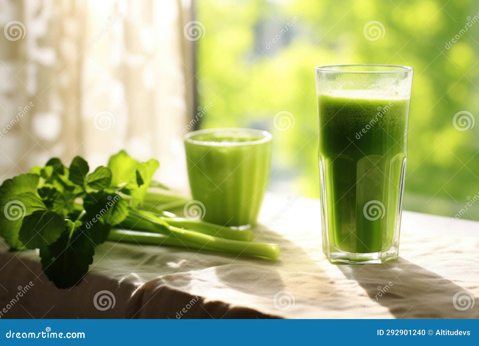 A Glass of Celery Juice on a Table, Sunlight from Window Stock Photo ...